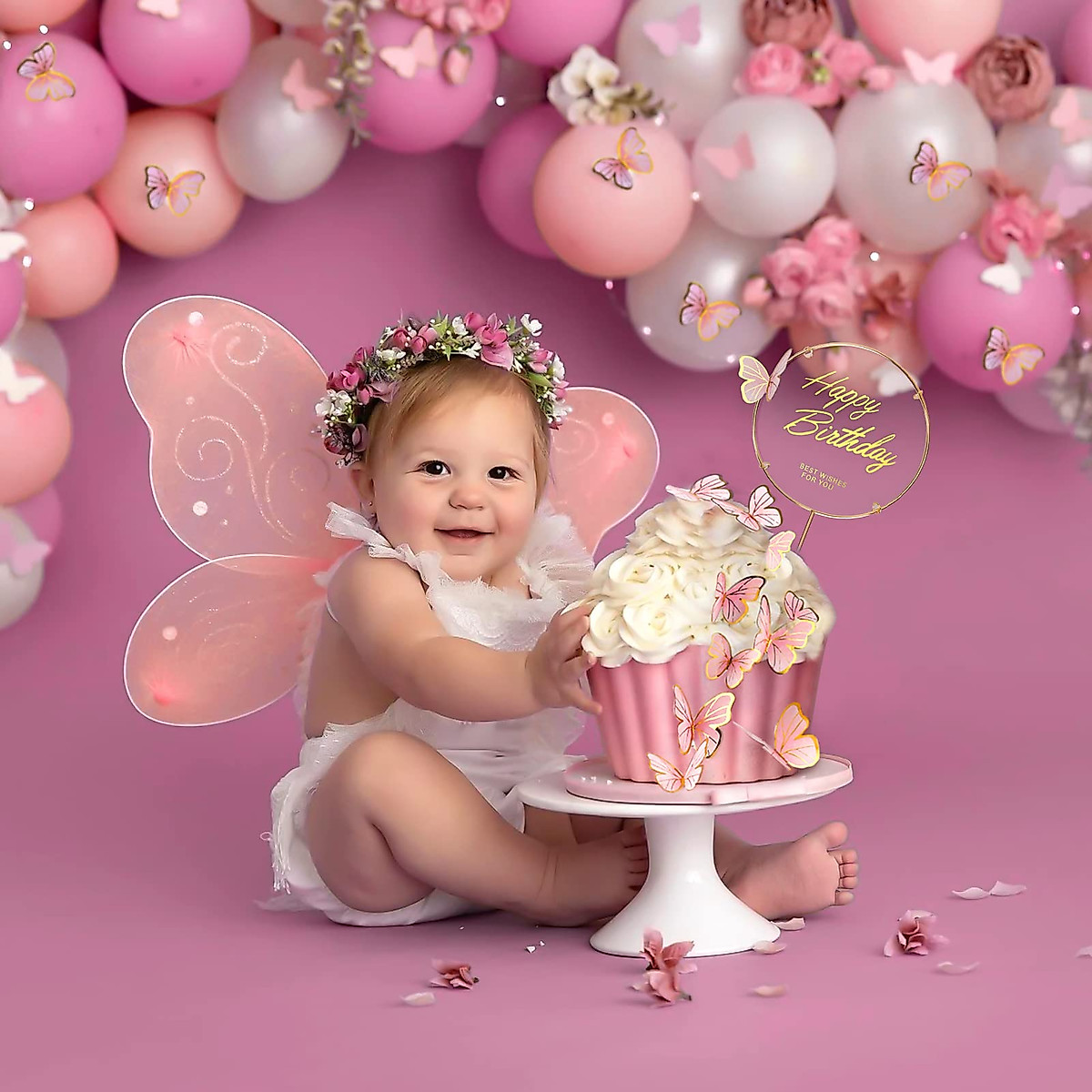 Cadeya Butterfly Happy Birthday Cake Toppers Set, 56 Pcs Butterfly Cake Decorations Party Supplies with 1 Pcs Metal Gold Happy Birthday Cake Topper for Kids Wedding (Pink)