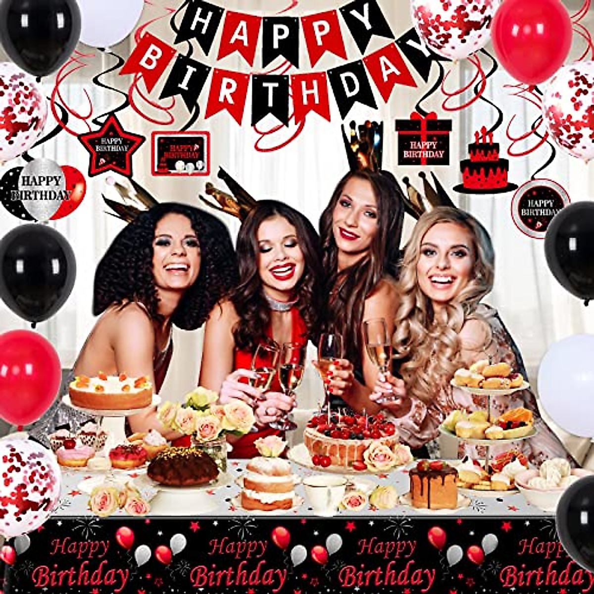 Red and Black Party Decorations, Birthday Decorations for Boys Girls Red Bady Party Supplies for Men Women BirthdayTablecloth Hanging Swirls Decor for 13th 15th 16th 18th 21st