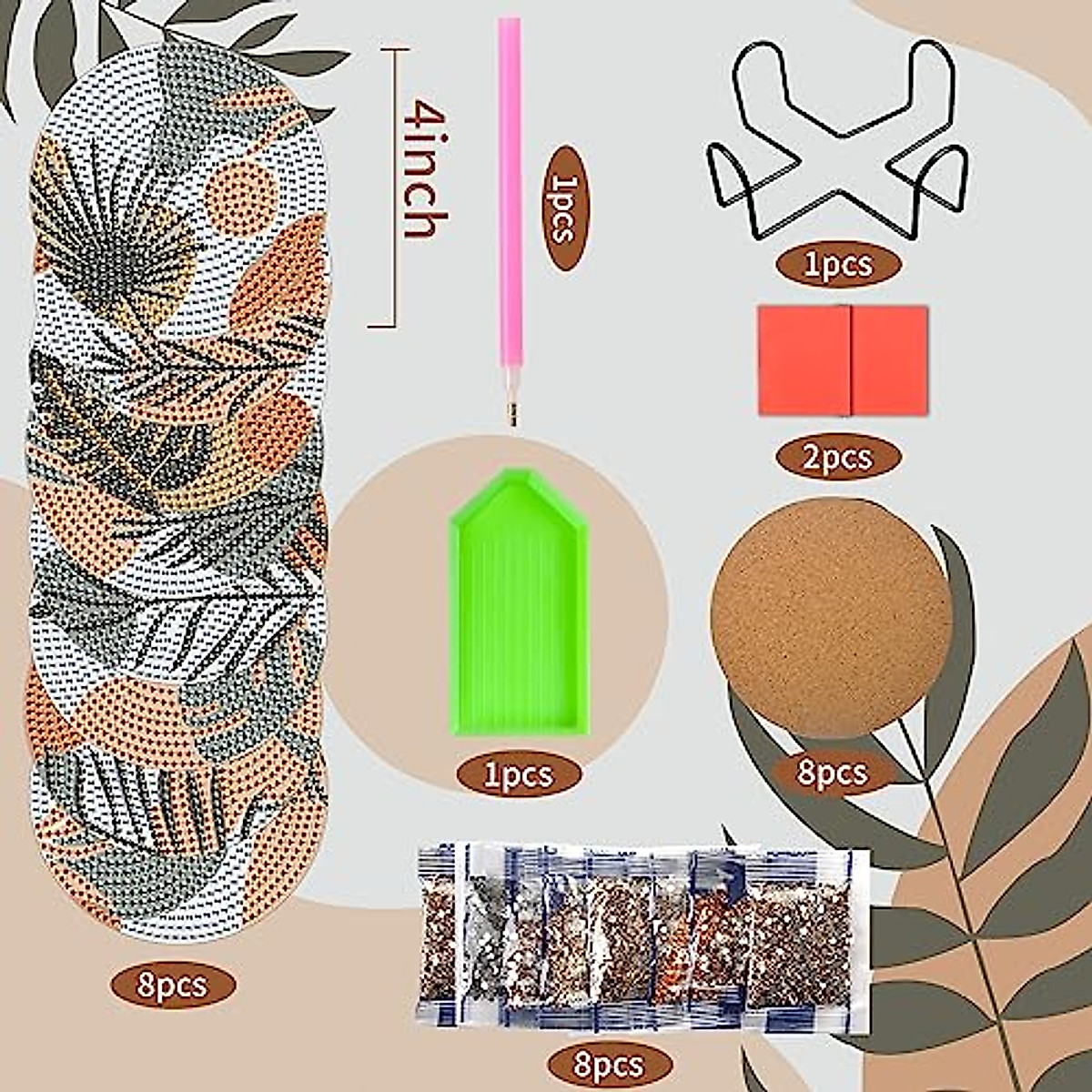 8 Pcs Leaves Diamond Painting Coasters with Holder, DIY Gray Leave Boho Diamond Art Non Slip Coaster for Adults Kids Beginners, Diamond Painting Kits Accessories Art Craft Supplies
