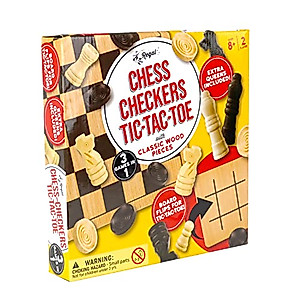 Regal Games - Reversible Wooden Board for Chess, Checkers & Tic-Tac-Toe - 24 Interlocking Wooden Checkers and 32 Standard Chess Pieces - for Age 8 to Adult for Family Fun