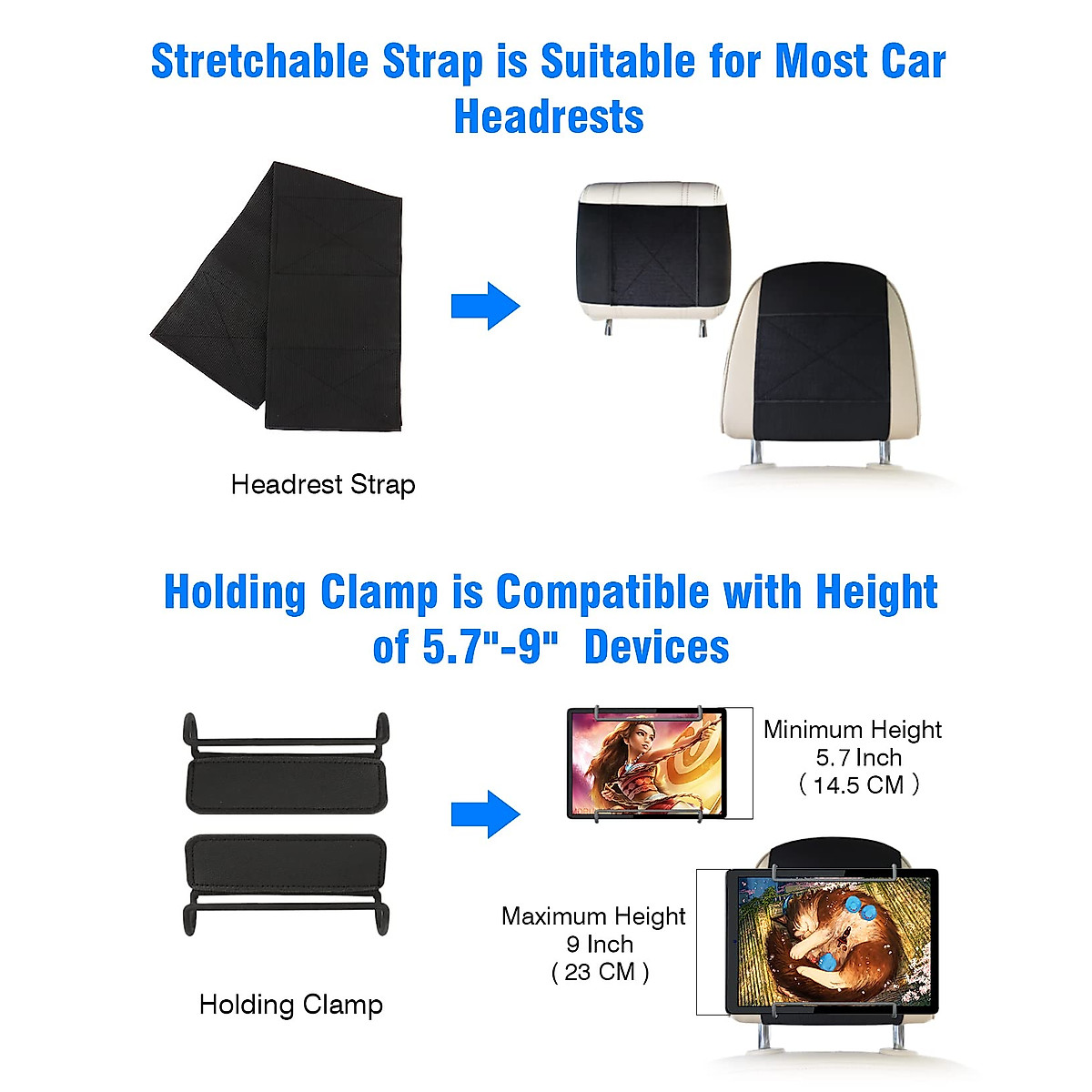 WONNIE Upgrade Tablet Holder for Car, Car Headrest Mount Holder for Back Seat, Car Tablet Mount for Kids with Silicone Strap & Anti-Slip Holding Clamps, Fits All 10-12.9" Tablets