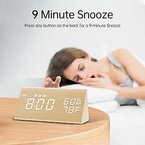 JALL Digital Alarm Clock, with Wooden Electronic LED Time Display, 3 Alarm Settings, Humidity & Temperature Detect, Wood Made Electric Clocks for Bedroom, Bedside (Yellow)