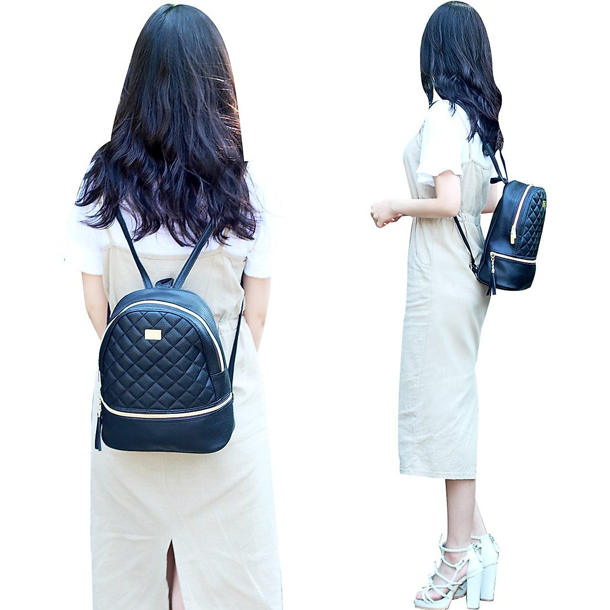 Copi Women's Simple Design Fashion Quilted Casual Backpacks Black