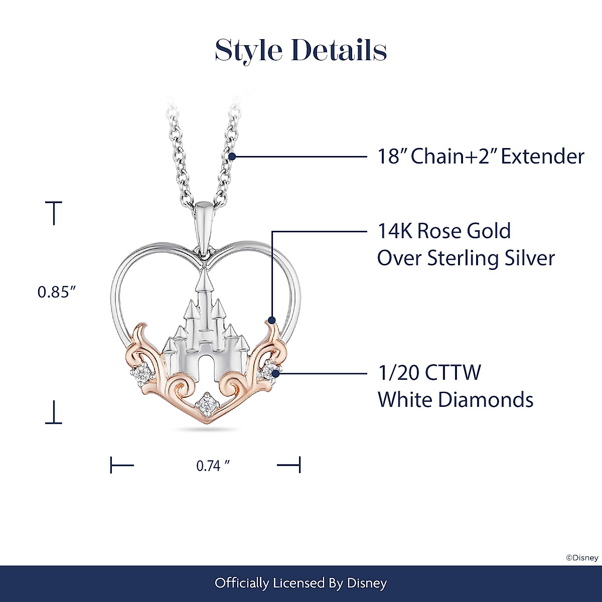 Jewelili Enchanted Disney Fine Jewelry Majestic Princess Castle Necklace Pendant in 14K Rose Gold Over Sterling Silver