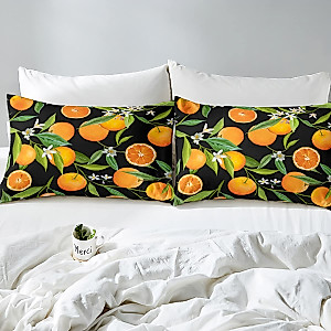 Feelyou Fruit Duvet Cover Set Fresh Oranges Vibrant Bedding Set for Kids Boys Girls Cartoon Citrus Fruit Comforter Cover Set Orange and Black Quilt Cover Bedroom Collection 3Pcs Queen Size