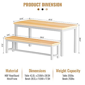 AWQM 43.3" Dining Table Set for 4, Kitchen Dining Table with 2 Benches, Dining Room Table Set with Metal Frame & Thickened Board for Kitchen, Restaurant, Oak