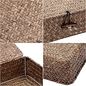 Hipiwe Flat Wicker Basket Bins with Lid - Set of 3 Handwoven Seagrass Storage Basket Shelf Baskets Boxes Multipurpose Home Organizer Bins Boxes for Shelf Pantry Closet,Large Size 14.8"x13"