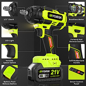 RYOJEGK 850N.m Cordless Impact Wrench Set, 1/2 inch 21V 640Ft-lbs Heavy Duty Impact Gun Kit, Brushless Llave De Impacto w/ 2 x 4.0Ah Battery, Pistola De Impacto for Home Car