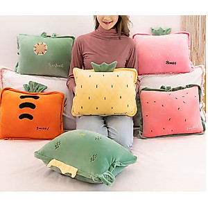 Rikyo 15" Stuffed Fruit Travel Blanket and Pillow Set,3 in 1 Plush Stuffed Hugging Pillow with Warming Hands Pillow Blanket for Kids Gift Travel Airplane Train Bed Office Nap (Pink - Strawberry)