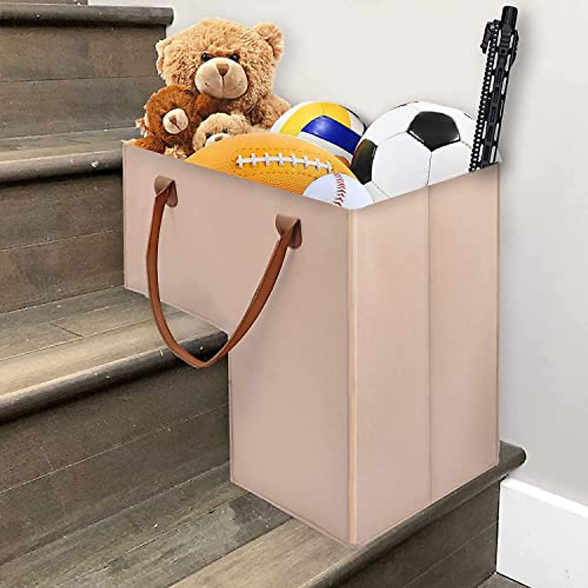 2 Pack Stair Basket with Handle, Foldable L-Shape Felt Storage Basket with 4 Pcs Supporting Insert for Carpeted Stairs, Large Staircase Organizer with Handle for Toys, Laundry, Household Items (Beige)
