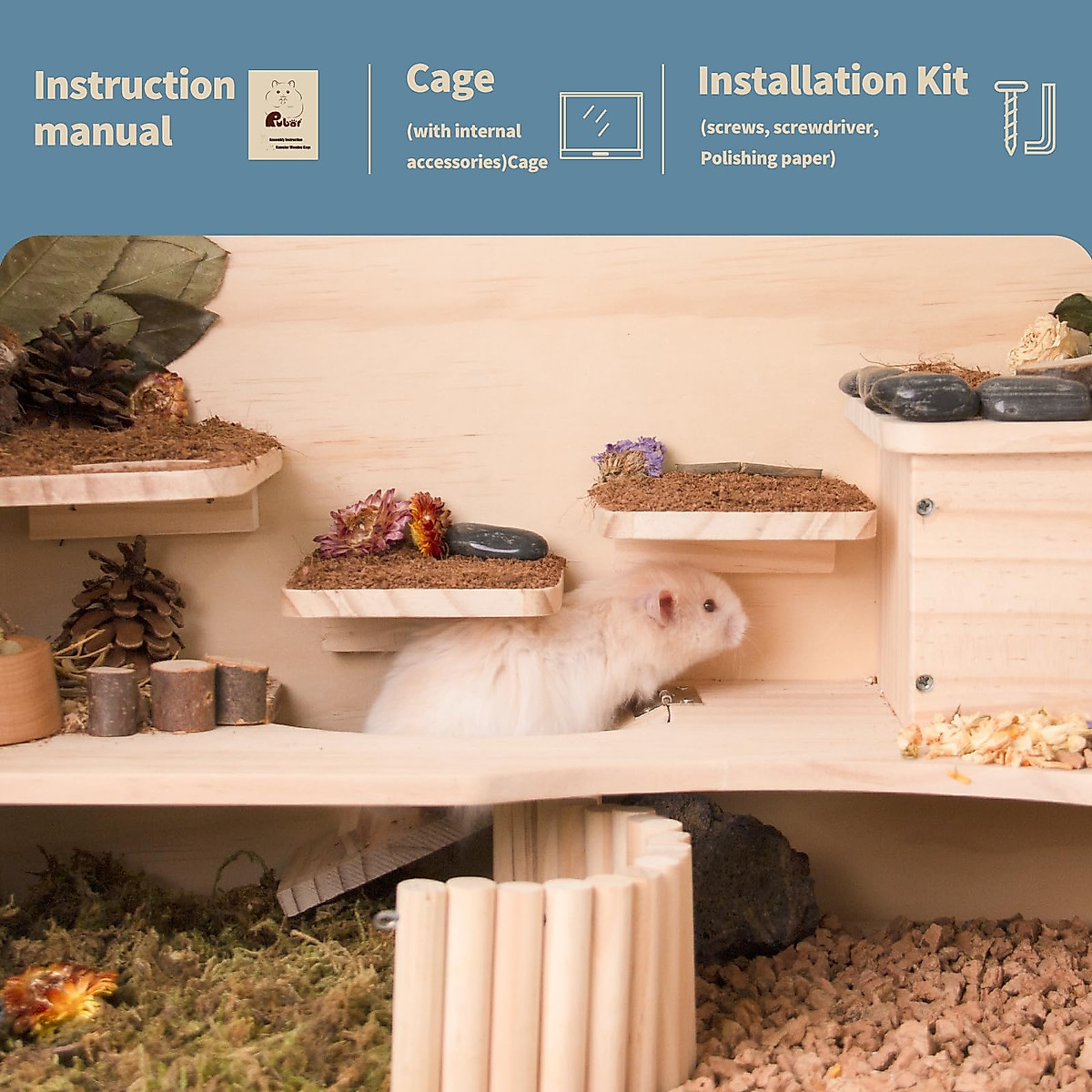 Wooden Hamster Cage and Hideout (23.6" L x 15.7" W x 15.7" H) for Small Animal, Syrian Hamster, Guinea Pig, Gerbil, 2-Tiers with Shelf and Ladder, Waterproof Pull-Out Tray, Natural Wood