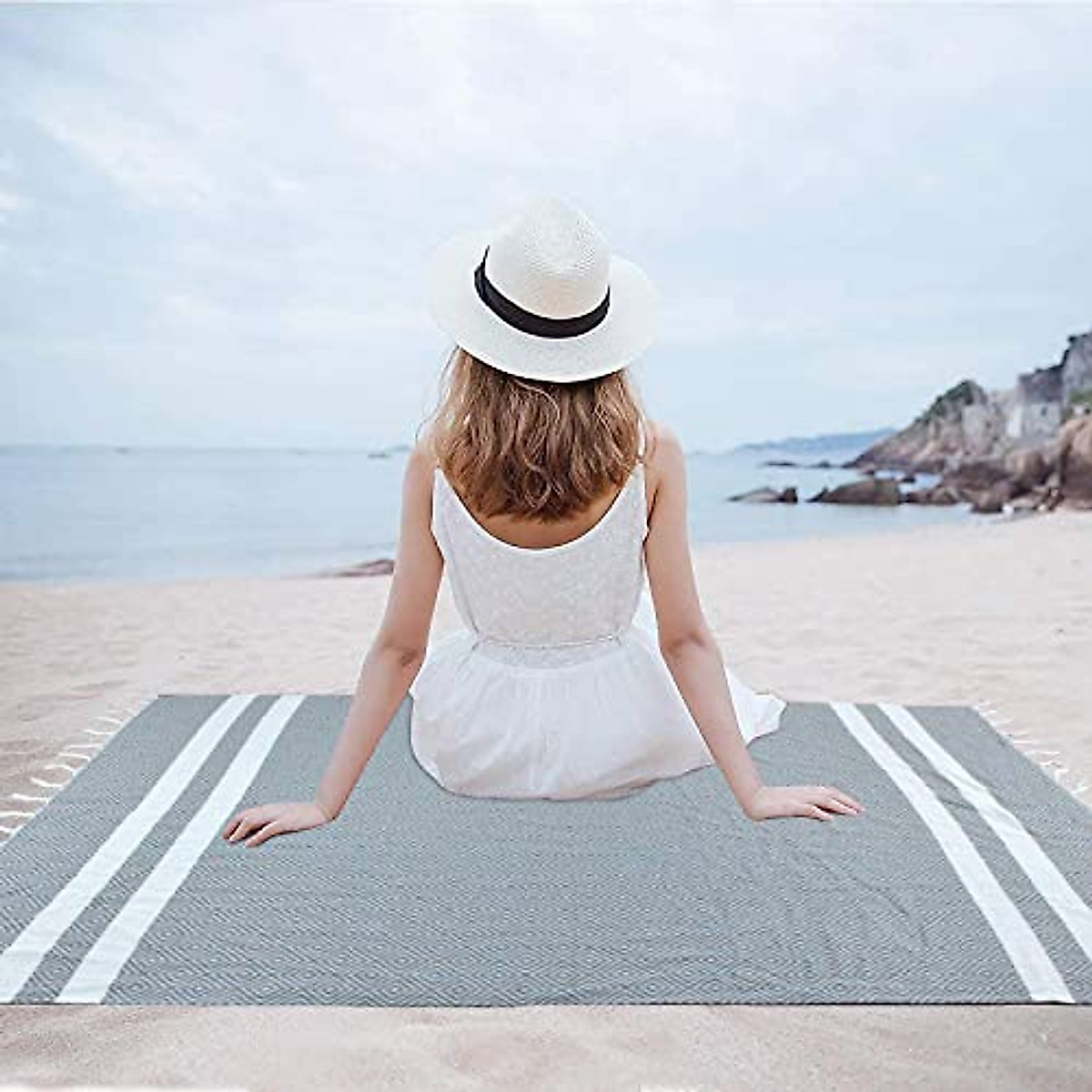NakedCloud Turkish Beach Towel with Storage Bag 39 x 71 Inches, Quick Dry Diamond Weave Cotton Towel Blanket for Bath,Beach,Pool,Lightweight Large Oversized Turkish Beach Blanket(Grey)