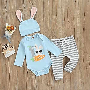 Meiweileya Newborn Baby Boys Easter Bunny Outfits My 1st Easter Romper+Striped Pants+Ear Hat 3Piece Rabbit Clothes Set (Light Blue, 3-6 Months)