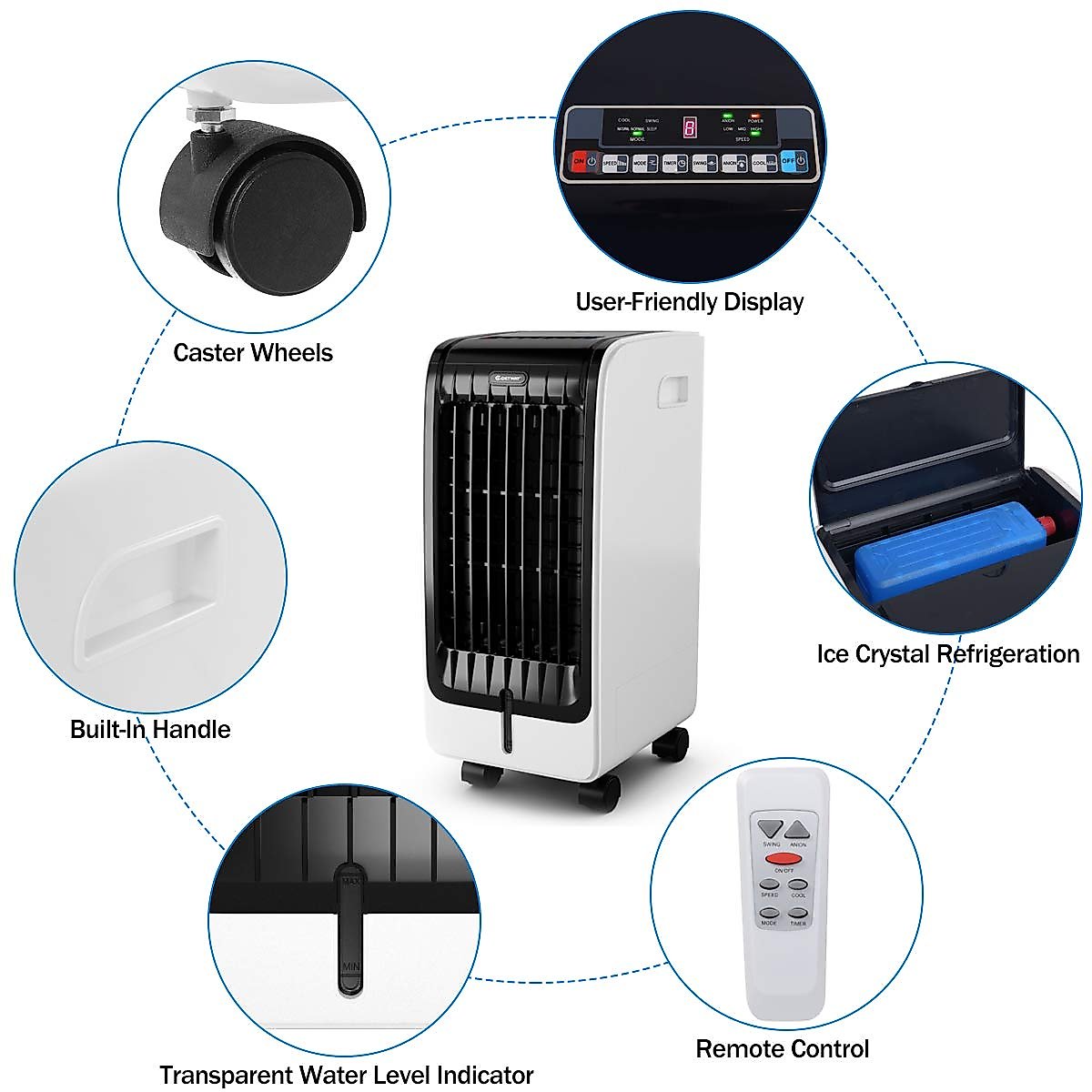COSTWAY Evaporative Cooler, Include Remote Control, 2 Ice Packs, Portable Bladeless Fan with 3 Modes, 3 Speeds, 8H Timer, LED Display, Air Cooler for Indoor Use, Bedroom (Black)