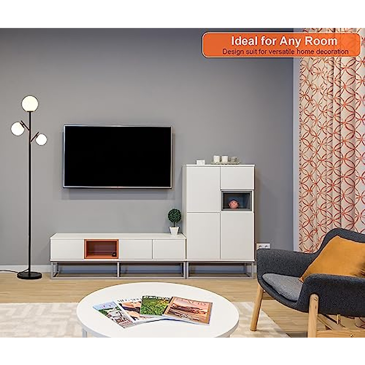 Fiqevs 3 Globe Modern Black Floor Lamp, Mid Century Contemporary Standing Lamp with Sphere Frosted Glass Shade and 3pcs 3000K LED Bulbs, LED Tall Floor Lamp for Living Room, Office, Hotel