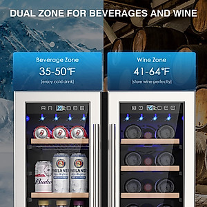 Mojgar Wine and Beverage Refrigerator, 24 Inch Dual Zone Wine Fridge with 2 Safety Locks, Under Counter Wine Cooler Fridge Built-In or Freestanding, Holds 20 Bottles and 57 Cans (Double Glass Door)