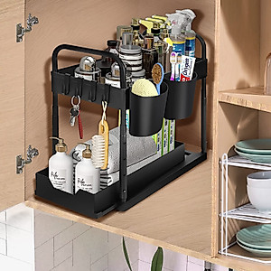 Under Sink Organizers and Storage, Adjustable Height Sliding Under Bathroom Cabinet Storage Organizer, 2 Tier Under Kitchen Sink Organizer with 4 Hooks, 4 Hanging Cup for Bathroom, Kitchen (Black)