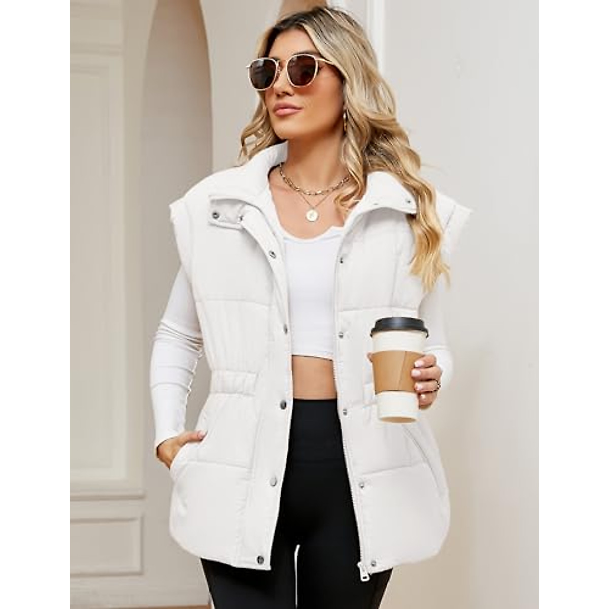 Rapbin Women's Fashion Lightweight Quilted Puffer Vest Winter Zip Up Padded Outerwear Jacket Coat with Pockets (White, XL)