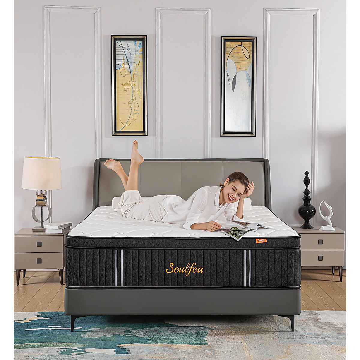 Soulfea Queen Mattresses,14 Inch Queen Size Mattresses in a Box,Memory Foam Hybrid White & Black Mattress with Provide Support and Improve Sleep Mattresses,Pressure Relief,Medium Firm