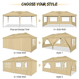 TOOLUCK 10x20 Pop Up Canopy Tent with 6 Sidewalls Tents for Parties Waterproof Camping Canopy Ez Up Party Tent Outdoor Portable Gazebo for Backyard Commercial Event Tent, Khaki