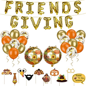 Friendsgiving Party Decorations, Friendsgiving Balloons Garland Kit includes Gold "FRIENDS GIVING" Foil Banner, 14 Balloons, 10 Photo Props and 1 Gold Fringe Curtain, 38 Pcs Thanksgiving Fall Decor