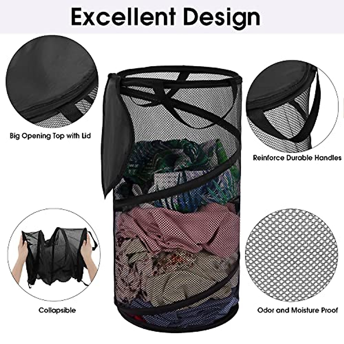 BATTOO Large Collapsible Laundry Basket with Lid Foldable Mesh Pop Up Hamper with Handles for Laundry Room, Bathroom, Kids Room, College Dorm, Travel, Storage Organizer Black