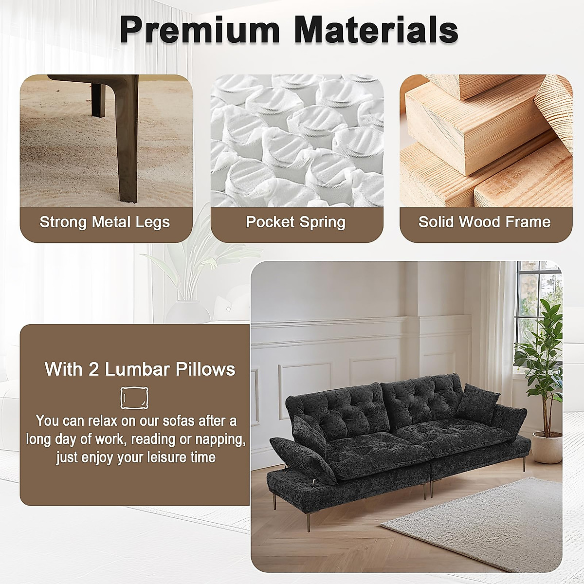 TPHORK 102" Convertible Sleeper Sofa, Chenille Loveseat Couch, Modern 2-Seat Futon Sofa with Adjustable Armrest & Pillows for Living Room Compact Space (Black)