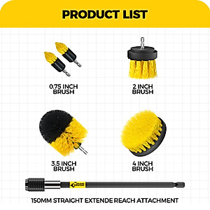 Holikme 4Pack Drill Brush Power Scrubber Cleaning Brush Extended Long Attachment Set All Purpose Drill Scrub Brushes Kit for Grout, Floor, Tub, Shower, Tile, Bathroom and Kitchen Surface，Yellow