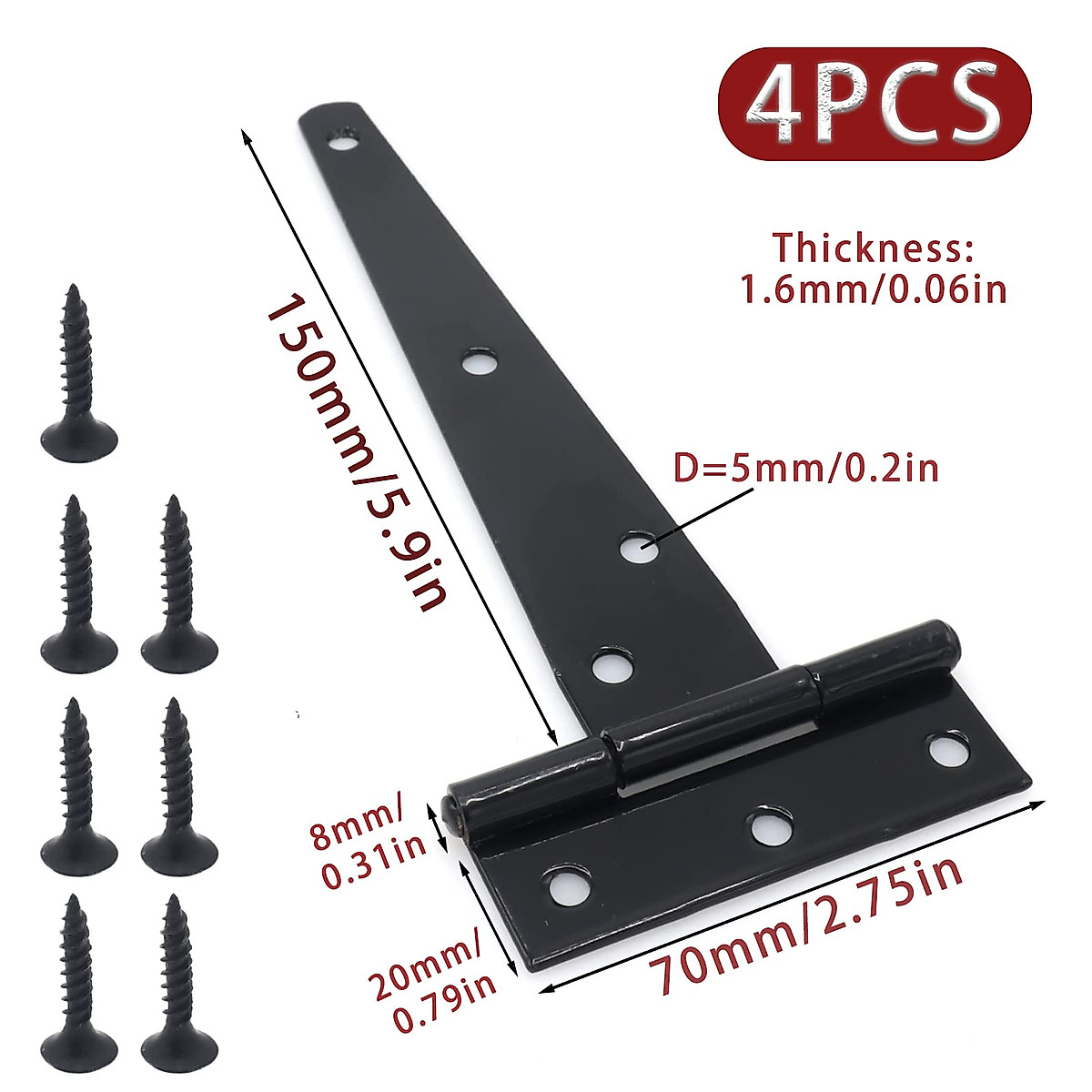 Joyangy 4pcs 6inch Black Heavy Duty T-Strap Gate Door Hinges, Outdoor Gate Hinge, Heavy Duty Gate Hinges for Wooden Fences Barn Door Shed Door Hardware