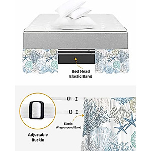 Coral Shell Starfish Bed Skirt Queen Size 18 Inch Drop, Adjustable & Elastic Wrap Around Bed Skirts Pleated Luxury Dust Ruffles for Twin Full Queen Cal King Base Bed, Summer Beach Ocean Sea Blue