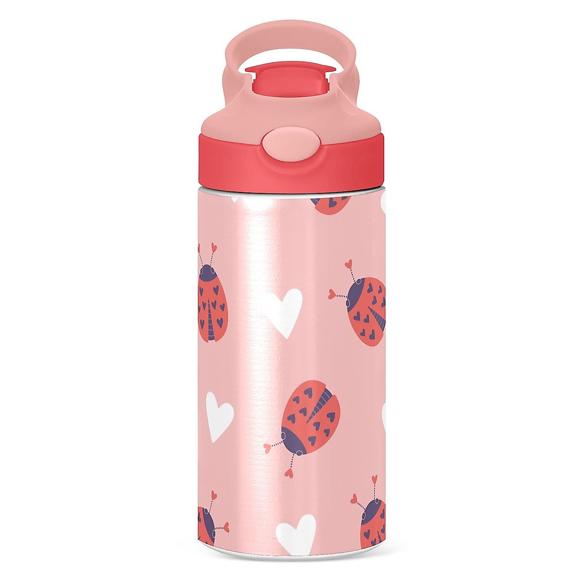 ALAZA Ladybug White Hearts Kids Water Bottles with Lids Straw Insulated Stainless Steel Water Bottles Double Walled Leakproof Tumbler Travel Cup for Girls Boys Toddlers 12 oz,Pink
