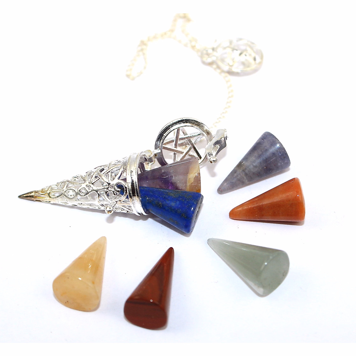 Jet International Jet Chakra Cage Pendulum 2" Free Booklet Crystal Therapy Interchangeable Chakra Cone Silver w/Pouch Divination Wicca Yes/No Pagan (Pentacle Star)