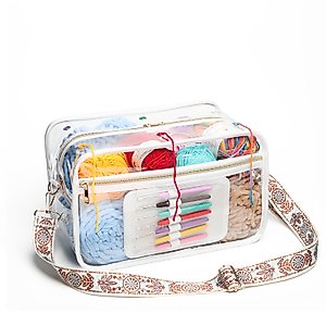 SIHEJA Crochet Bag-Transparent Yarn Storage-Yarn Bag for Crocheting-Knitting Bag-for Crochet Accessories Organizer, Crocheting & Knitting Gifts -White& Flower Jacquard Shoulder Straps