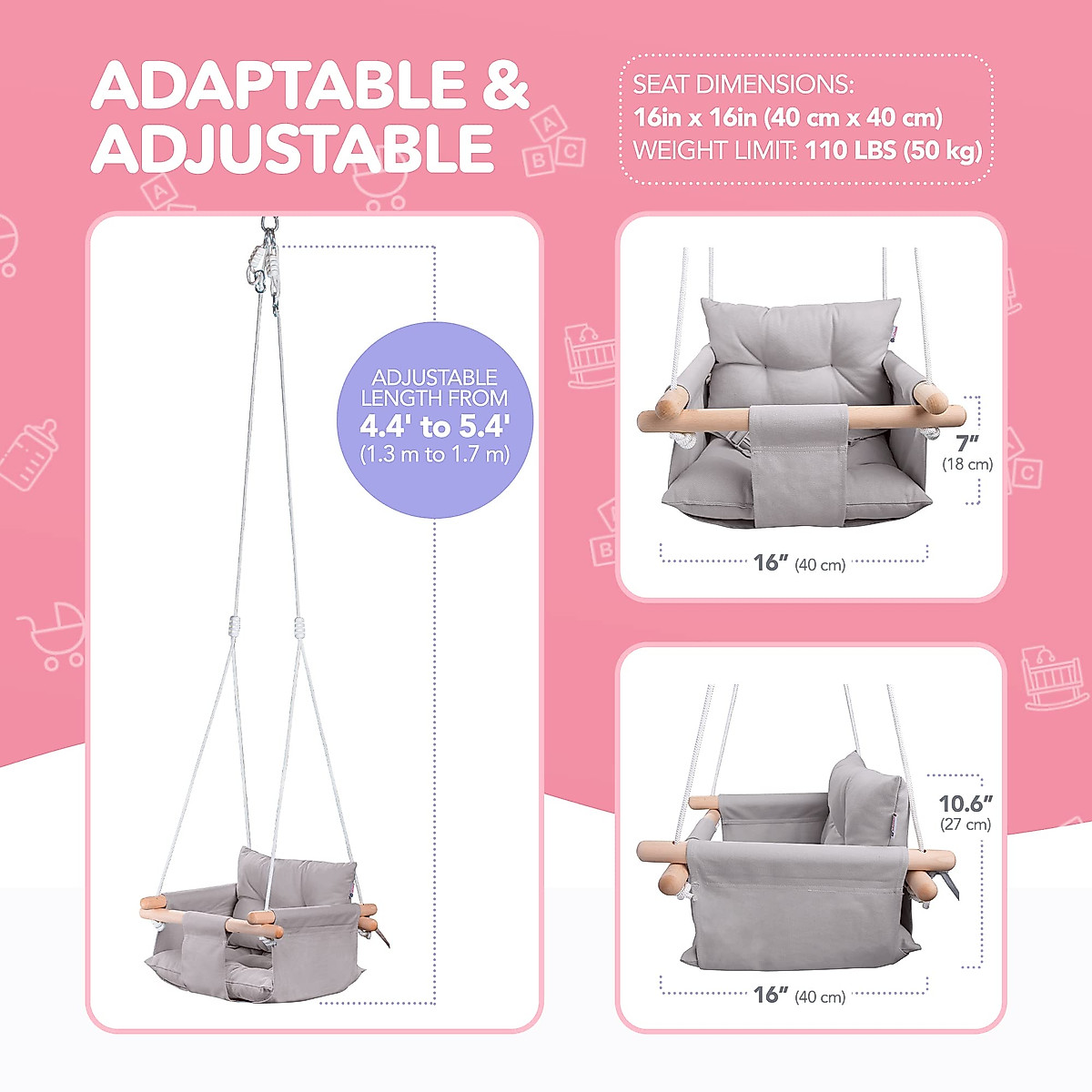 CaTeam - Canvas Baby Swing, Wooden Hanging Swing Seat Chair with Safety Belt, Durable Baby Swing Chair, Outdoor and Indoor Swing for Kids, Mounting Hardware Included, Taupe Gray