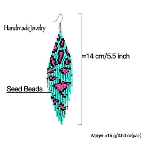 CALORVIA Boho Big Long Tassel Beaded Dangle Earrings Leopard Handmade Bohemian Large Statement Fringe for Women (Teal Green)