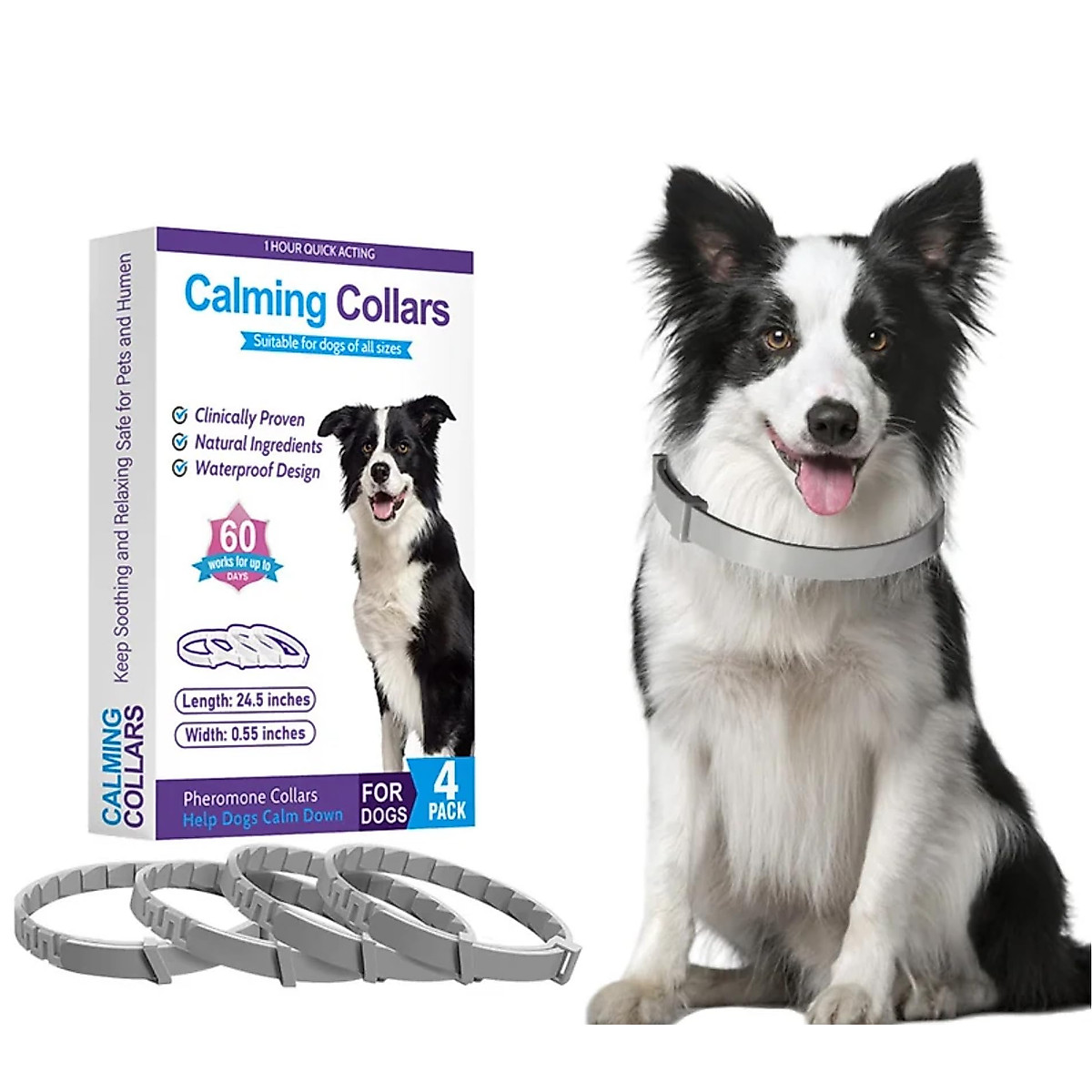 Calming Collars for Dog, 4 Packs, Dog Pheromone Calm Collars Help Dogs Calm Down, Stress Separation Suitable Dogs Last 60 Days Relieve per Box Collar Size 24.5 inch Color Gray