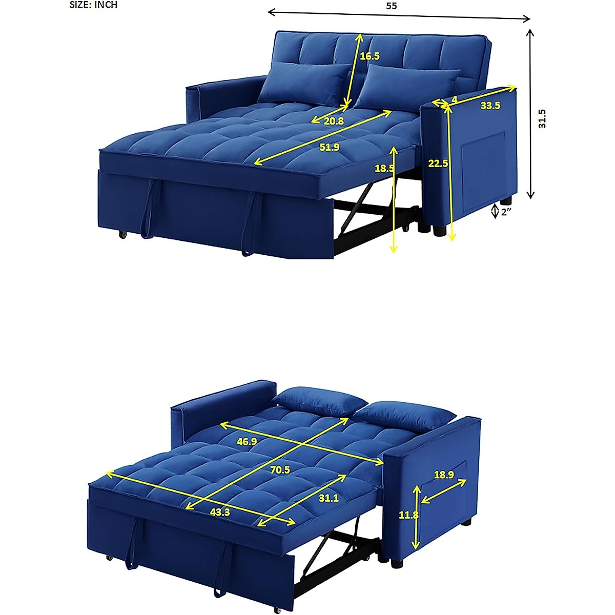 FANYE Modern Minimalist Living Room Loveseat Sofa Couch W/Pull Out Sleeper Couch Bed & Adjustable Backrest Convertible Twin Size Sofabed Bring Side Storage Pockets for Home Apartment Office