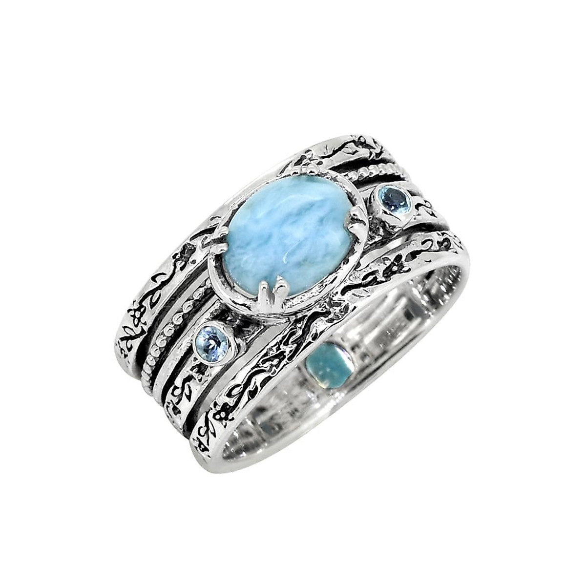 YoTreasure Larimar Swiss Blue Topaz 925 Sterling Silver Antique Three Stone Ring