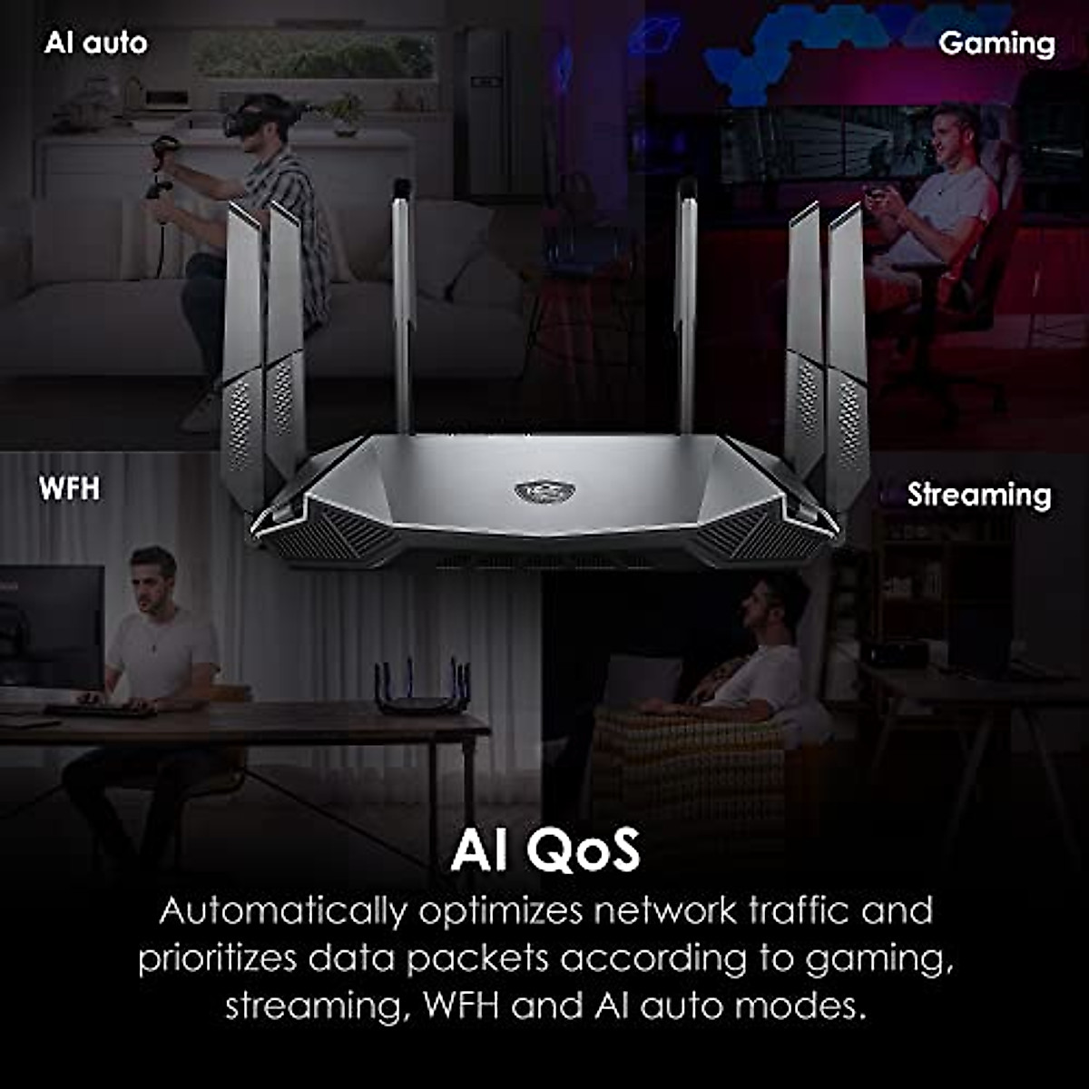 MSI Radix AX6600 WiFi 6 Tri-Band Gaming Router, AI QoS, 1.8GHz Quad-Core Processor, MU-MIMO, Tri Band Gigabit Wireless, 8-Stream, High Speed Long Range Gaming Router