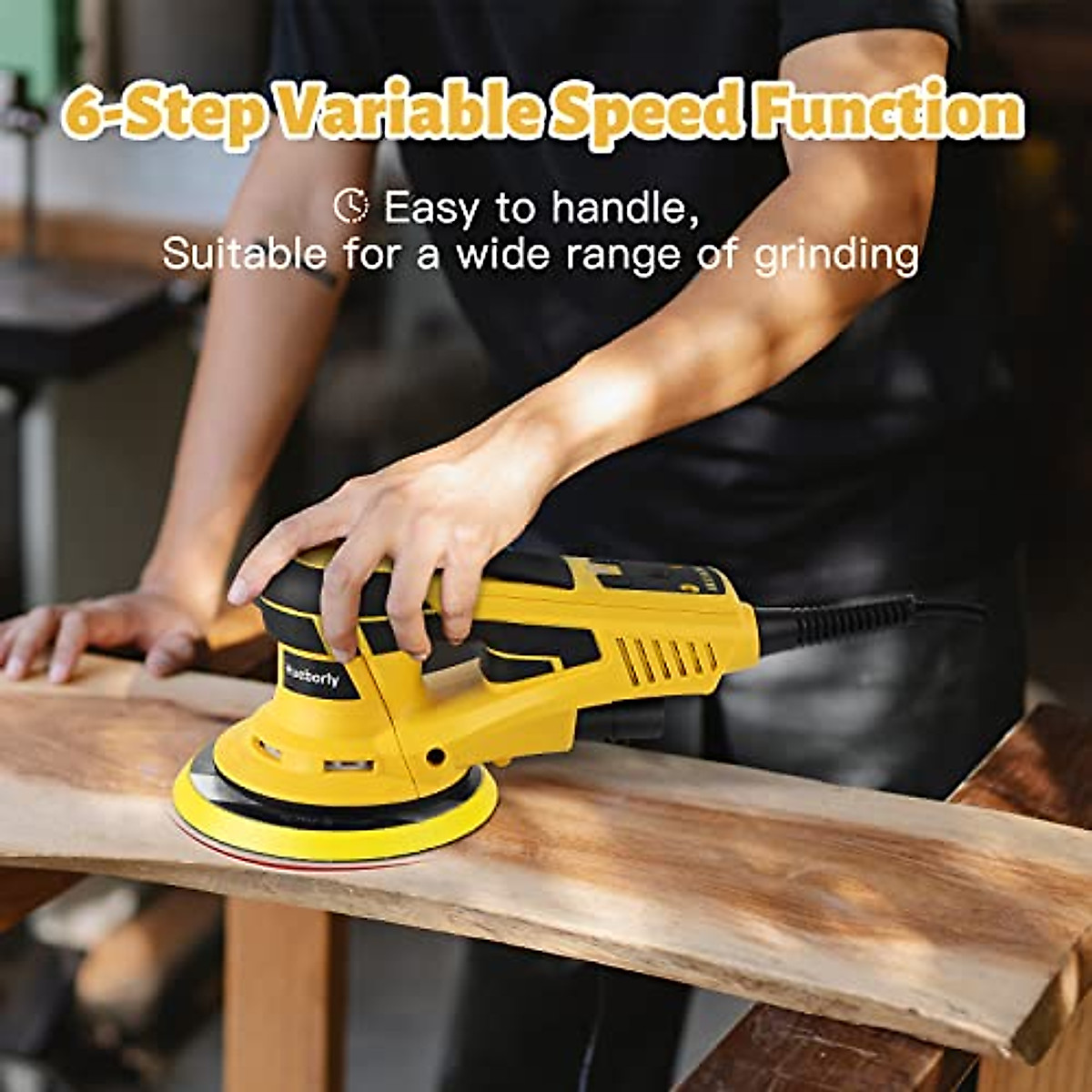 Electric Random Orbital Sander 350W Brushless Motor 3/16 inch Orbit, 110V 6-Inch 10000 RPM Variable Speed Tool for Metal Fabrication, Woodworking Walls and Car Polishing Yellow with Case