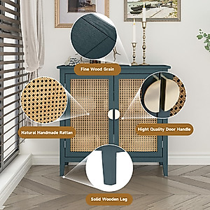 Warmiehomy Rattan Sideboard Buffet Cabinet Accent Storage Cabinet with Doors & Shelf Kitchen Cupboard Console Table Teal Cabinet for Living Room Dining Room Hallway Entryway, Natural, Green