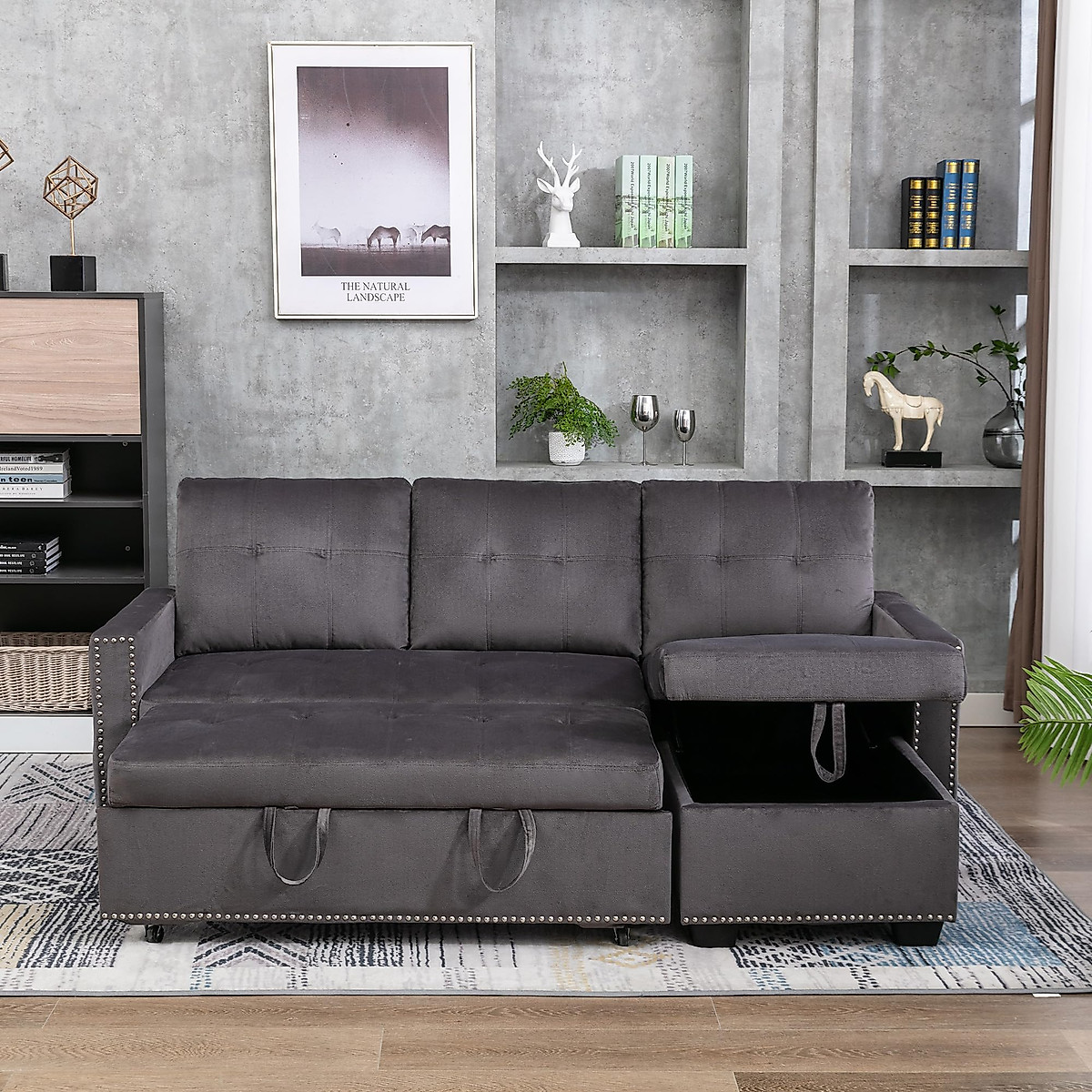 Polibi 76.8'' Pull Out Sleeper Reversible Sectional Storage Sofa Bed,Convertible Velvet Corner Sofa Bed and L-Shape 2 Seat Sectional Chaise with Storage,Sleeper Sofa for Living Room,Dark Grey