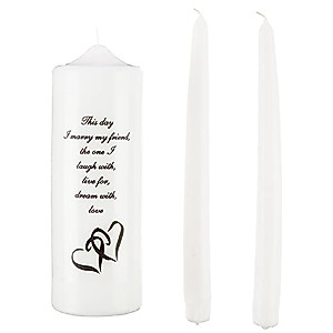 Celebration Candles Wedding Unity 9-Inch This Day I Marry My Friend Pillar Candle with Double Heart Motif and 10-Inch Taper Candle Set, Ivory