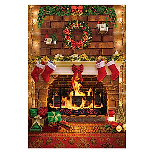 Funnytree 5x7FT Christmas Fireplace Photography Backdrop Rustic Red Brick Wall Background Merry Xmas Eve Party Supplies Decoration Banner Portrait Photo Booth Studio Props