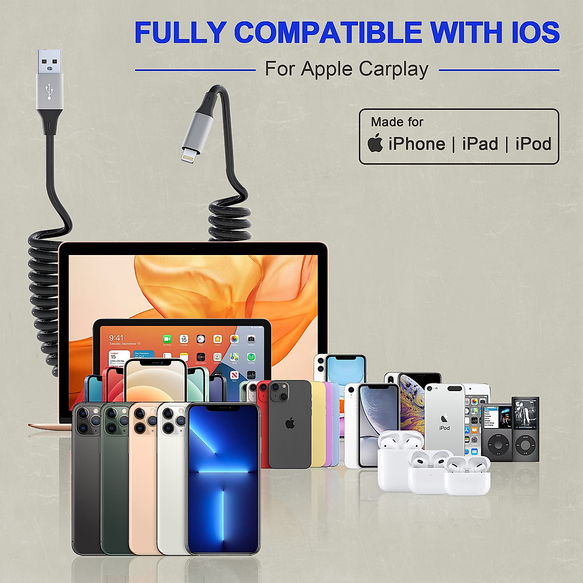 Coiled Lightning Cable Apple Carplay Compatible [Apple MFi Certified] Short USB to Lightning Apple Carplay Cable with Data Sync, Retractable iPhone Charger Cord for iPhone/Pad/Pod
