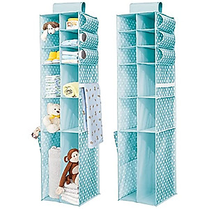 mDesign Long Soft Fabric Over Closet Rod Hanging Storage Organizer with 12 Divided Shelves, Side Pockets for Child/Kids Room or Nursery, Store Diapers, Wipes, Lotions, Toys - 2 Pack - Light Blue/White