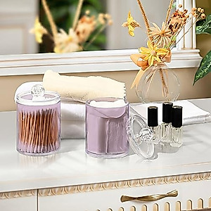 Gredecor 2 Pack Qtip Holder Organizer Dispenser Clear Thistle Purple Bathroom Storage Canister Cotton Ball Holder Bathroom Containers for Cotton Swabs/Pads/Floss