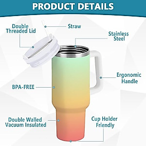 MCHIVER Blue Pink Gradient 40 oz Tumbler with Handle and Straw Stainless Steel Vacuum Water Bottle Leak-proof Travel Coffee Mug Insulated Cup for Office Car Home