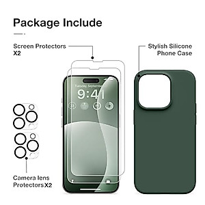 GONEZ for iPhone 14 Pro Max Case Silicone, with 2X Screen Protector + 2X Camera Lens Protector, Full Body Protective Cover, Liquid Silicone Shockproof iPhone 14 ProMax Case 6.7", Dark Green