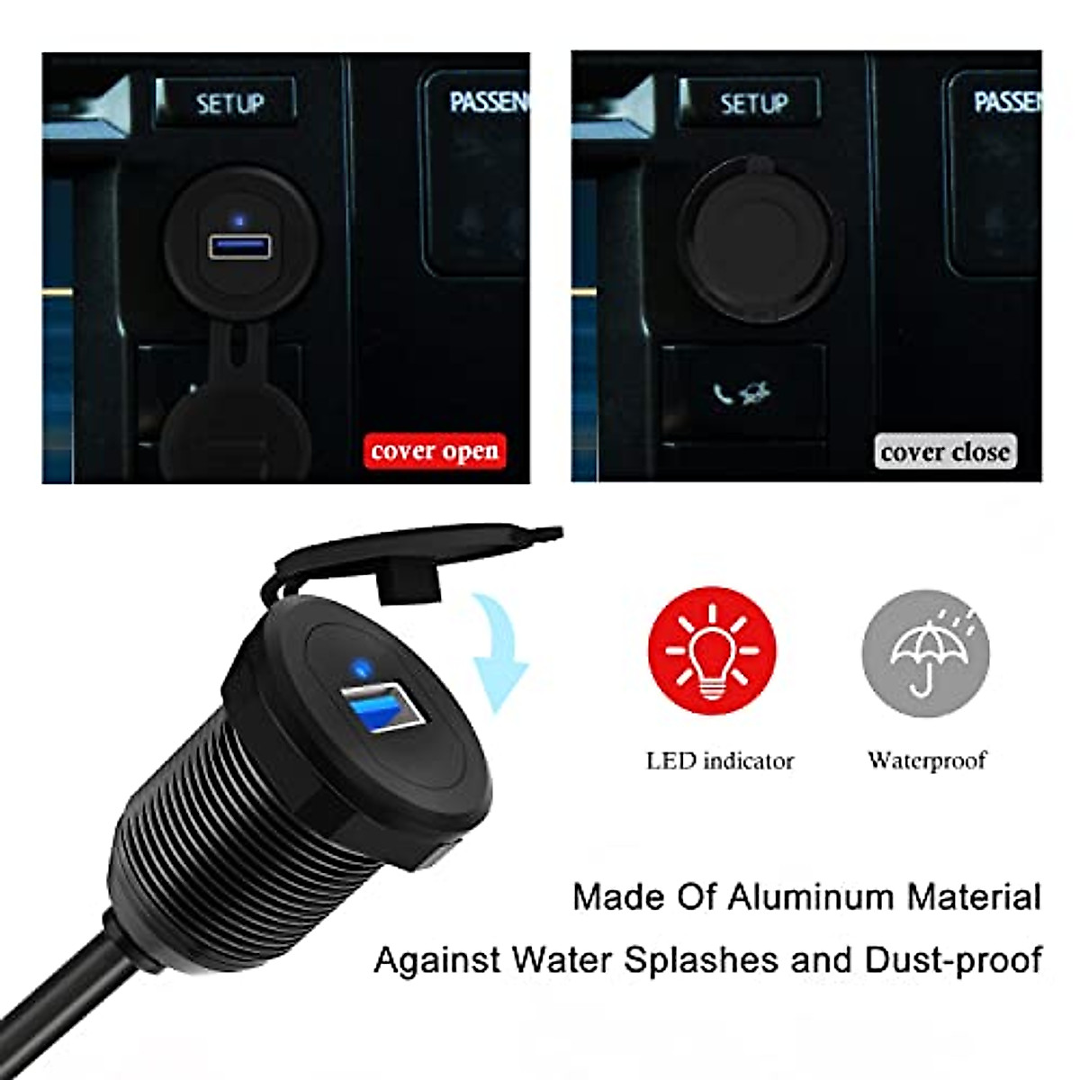 GOBGOD Single Port USB 3.0 Car Mount Flush Cable, USB3.0 Male to Female Extension for Car Truck Boat Motorcycle Dashboard Panel 3ft